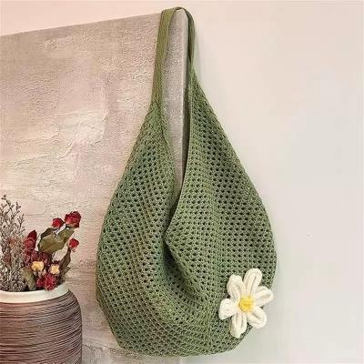 China Korean Style 2026 New Arrival Vacation Knit Bag Women's Shoulder Tote Bag Lazy Style Knit Openwork Floral Decoration Beach Bag for sale