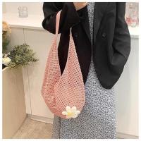 China Korean Style 2026 New Arrival Vacation Knit Bag Women's Shoulder Tote Bag Lazy Style Knit Openwork Floral Decoration Beach Bag for sale