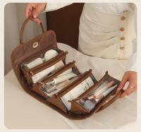 China Foldable Niche Portable Retro Luxury Detachable Minimalist Makeup Organizer Bag Waterproof PU Leather Cosmetic Bag 2026New Style for sale