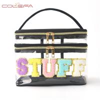 China Embroidered Alphabet Storage Pouch PVC Transparent Double-Layer Makeup Bag Travel Toiletry Large Capacity Cosmetic Case for sale