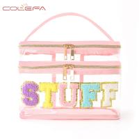 China Embroidered Alphabet Storage Pouch PVC Transparent Double-Layer Makeup Bag Travel Toiletry Large Capacity Cosmetic Case for sale