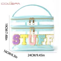 China Embroidered Alphabet Storage Pouch PVC Transparent Double-Layer Makeup Bag Travel Toiletry Large Capacity Cosmetic Case for sale