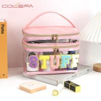 China Embroidered Alphabet Storage Pouch PVC Transparent Double-Layer Makeup Bag Travel Toiletry Large Capacity Cosmetic Case for sale