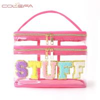 China Embroidered Alphabet Storage Pouch PVC Transparent Double-Layer Makeup Bag Travel Toiletry Large Capacity Cosmetic Case for sale