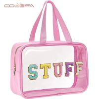 China Bestseller Large Capacity Toiletry Bag Double-Handle Storage PVC Clear Bag Custom Travel Alphabet Waterproof Makeup Pouch for sale