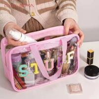 China Bestseller Large Capacity Toiletry Bag Double-Handle Storage PVC Clear Bag Custom Travel Alphabet Waterproof Makeup Pouch for sale