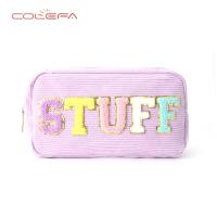 China Customizable Embroidered Letter Storage Pouch Corduroy Made Cosmetic Bag Portable Toiletry Large Capacity Makeup Bags for sale