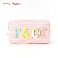 China Customizable Embroidered Letter Storage Pouch Corduroy Made Cosmetic Bag Portable Toiletry Large Capacity Makeup Bags for sale