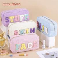 China Customizable Embroidered Letter Storage Pouch Corduroy Made Cosmetic Bag Portable Toiletry Large Capacity Makeup Bags for sale