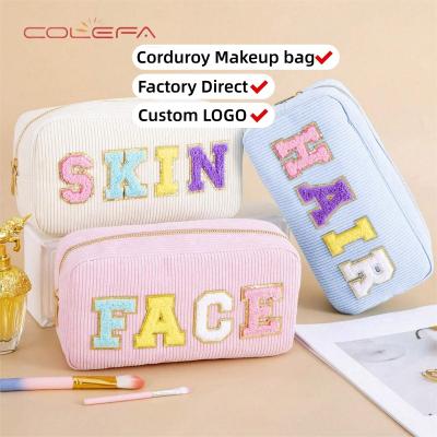 China Customizable Embroidered Letter Storage Pouch Corduroy Made Cosmetic Bag Portable Toiletry Large Capacity Makeup Bags for sale