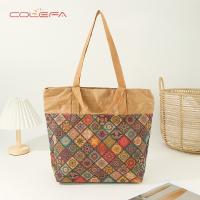 China 2026 New Trends European Cork Bark Shoulder Tote Bag with Ethnic-Style Printed Tote Bag Eco-Friendly with LOGO for sale
