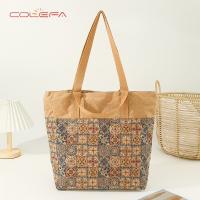 China 2026 New Trends European Cork Bark Shoulder Tote Bag with Ethnic-Style Printed Tote Bag Eco-Friendly with LOGO for sale