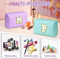 China 26 Embroidered Letter PU Leather Made Cosmetic Toiletry Bag Large Capacity Octagonal Travel Organizer Makeup Clutch for sale