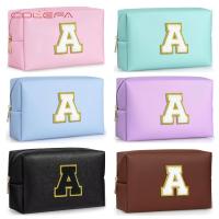 China 26 Embroidered Letter PU Leather Made Cosmetic Toiletry Bag Large Capacity Octagonal Travel Organizer Makeup Clutch for sale