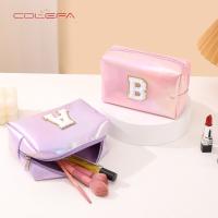 China Pearlescent PU Leather Embroidered Letter Makeup Bag Large Capacity Toiletry Bag Travel Daily Organizer Clutch Cosmetic Bags for sale