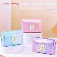 China Pearlescent PU Leather Embroidered Letter Makeup Bag Large Capacity Toiletry Bag Travel Daily Organizer Clutch Cosmetic Bags for sale