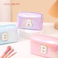 China Pearlescent PU Leather Embroidered Letter Makeup Bag Large Capacity Toiletry Bag Travel Daily Organizer Clutch Cosmetic Bags for sale