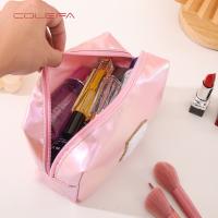 China Pearlescent PU Leather Embroidered Letter Makeup Bag Large Capacity Toiletry Bag Travel Daily Organizer Clutch Cosmetic Bags for sale