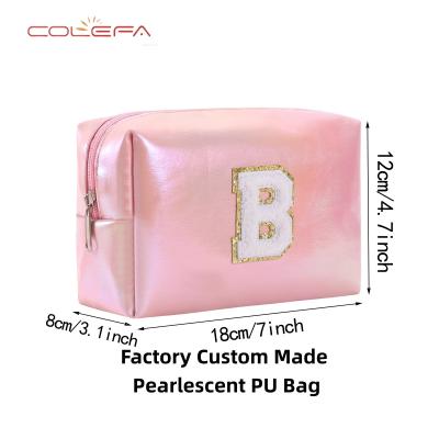 China Pearlescent PU Leather Embroidered Letter Makeup Bag Large Capacity Toiletry Bag Travel Daily Organizer Clutch Cosmetic Bags for sale