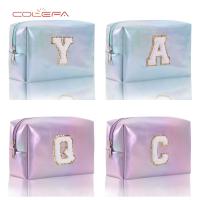 China Pearlescent PU Leather Embroidered Letter Makeup Bag Large Capacity Toiletry Bag Travel Daily Organizer Clutch Cosmetic Bags for sale