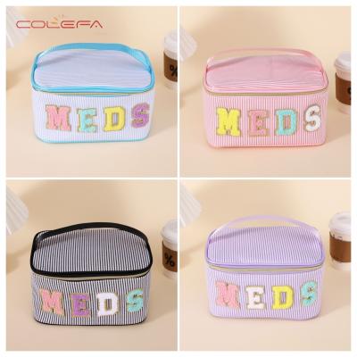 China Polyester Handheld Embroidered Letter Makeup Bags Large Capacity Wide-Opening Multi-Functional Storage Pouch Preppy-Style Toiletry Bag for sale