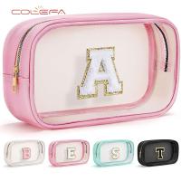 China Customized Embroidered Letters Cosmetic Bags PVC Waterproof High-Fashion Makeup Organizer Travel Daily Use Portable Toiletry Bag for sale