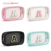 China Customized Embroidered Letters Cosmetic Bags PVC Waterproof High-Fashion Makeup Organizer Travel Daily Use Portable Toiletry Bag for sale