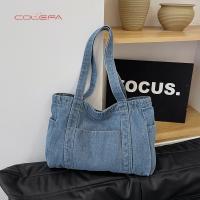 China Denim Tote Bag 2026 New Korean Style Fashionable Casual Shoulder Bag Large Capacity Literary Style Commuting Tote Bags with LOGO for sale