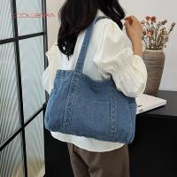 China Denim Tote Bag 2026 New Korean Style Fashionable Casual Shoulder Bag Large Capacity Literary Style Commuting Tote Bags with LOGO for sale