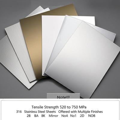 China 316 Stainless Steel Sheets 520-750 MPa Tensile Strength 2B BA 8K Mirror No4 No1 2D NO8 Finishes for sale