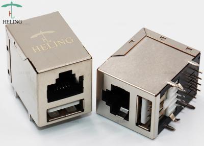 China 2 x 1 RJ45 Lan Jack + USB Combo For Ethernet Switches Right Angle Brass Shielded for sale