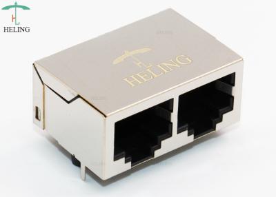China 1 X 2 Ports RJ45 Lan Jack Brass Shielded Right Angle THT Type Without LED for sale