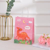 China Brown Kraft Paper Dinosaur Hand Printed Cartoon Shopping Bag for Clothing in Shopping Mall for sale
