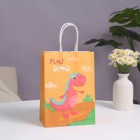 China Brown Kraft Paper Dinosaur Hand Printed Cartoon Shopping Bag for Clothing in Shopping Mall for sale