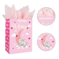 China Custom Order 300gsm Ivory Board Pink Baby Shower Gift Carrier Paper Bag for Baby Clothes for sale
