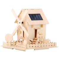 China 3D Montessori Solar House Toy 18x15x19cm Wooden DIY Puzzle with Solar-Powered Windmill for Kids Educational Play for sale