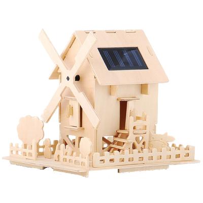 China 3D Montessori Solar House Toy 18x15x19cm Wooden DIY Puzzle with Solar-Powered Windmill for Kids Educational Play for sale