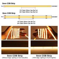 China 100lm/w DC 12V24V 8mm 320leds Blue Flexible COB Led Strip Light for Cabinet Bedroom Kitchen Lighting Decoration for sale