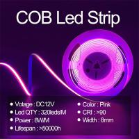 China High Brightness COB Led Strip Light CE RoHs IP20 Ra90 8mm Width 12V 24V 320Leds Pink for sale