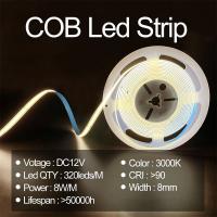 China 8mm Width 12V 24V 3000K Warm COB Led Strip Light CE RoHs IP20 with 50000 Hours Lifespan for sale
