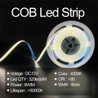 China High Lumen COB LED Strip Light CE RoHs IP20 8mm Width 12V 24V 4000K Nature Lighting Strip for sale