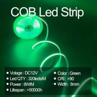 China Waterproof Green Flexible Strip Light High Density COB LED CE RoHs IP20 Ra90 8mm Width 12V24V 320Leds for sale
