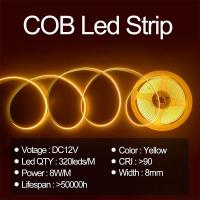 China Hotel House COB LED Strip Light CE RoHs IP20 Ra90 8mm Width 12V 24V Golden Yellow for sale