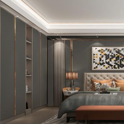 China MJMHD CYLD-009 Modern Shaker Style Wardrobe Door | 22mm ENF Grade PVC Wrapped Panel w/ Aluminum Frame | Custom Size Grey & Gold Flat Panel Cabinet Door​ for sale
