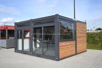China 20ft Container Store Wood Grain Metal Frame Hotel Mobile House with Galvanized Steel Square Tubes and Flat Packaging for sale