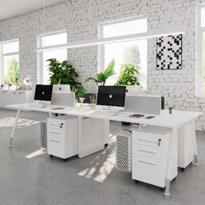 China White 4 Person Office Desk with Screen Divider Storage Cabinet and Mainframe Rack 3600x1200mm for sale