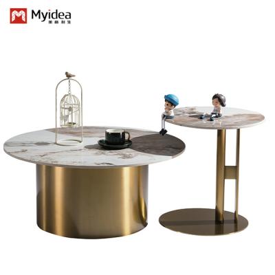 China Contemporary Minimalist Metal Coffee Table with Rock Plate Rack φ600×300 mm for Living Room Hotel Home Use for sale