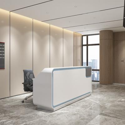 China Modern White Front Panel Reception Desk with Blue Frame and Marble Top - 3 Year Warranty for Office Hotel Hospital for sale