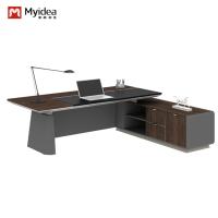 China Solid Wood Office Desk L Shaped Executive Desk 2300mm Width with Storage Shelves and Drawers for sale