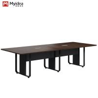 China Dark Wood Grain Conference Table with Cold-Rolled Steel Legs E0 MFC Office Furniture for Meeting Rooms for sale
